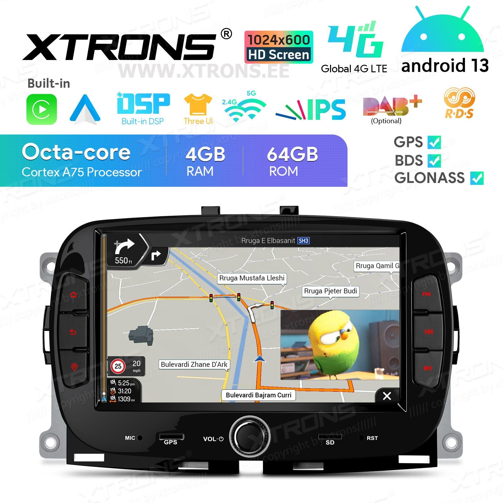 XTRONS IA72500FLS 7.0" FIAT 500 Multimeedia Android 13.0 Octa-Core ...